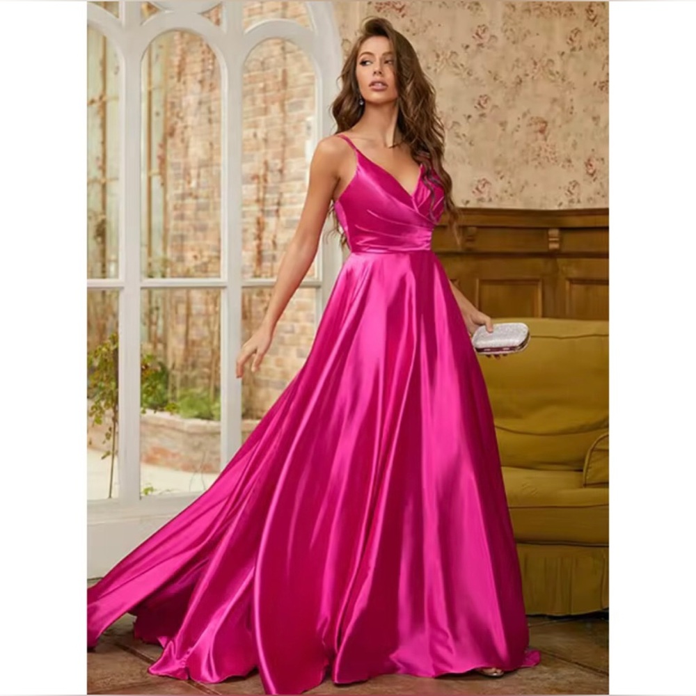 Hot Pink Satin Lace Up Corset Boned Prom Dress Gown - Gem